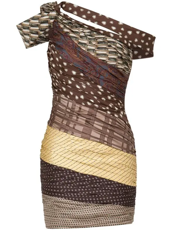 Moschino Patchwork Design Sleeveless Asymmetrical Neck Dress - Brown