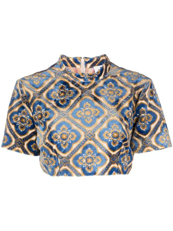 Etro Abstract-print Velvet Crop Top - Blue