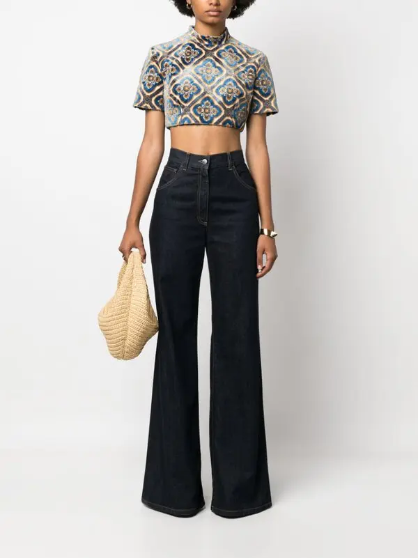 Etro Abstract-print Velvet Crop Top - Blue