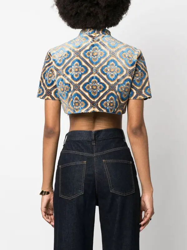 Etro Abstract-print Velvet Crop Top - Blue