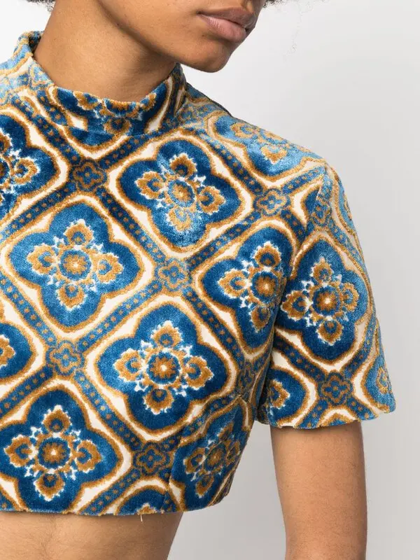 Etro Abstract-print Velvet Crop Top - Blue