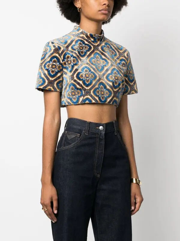 Etro Abstract-print Velvet Crop Top - Blue