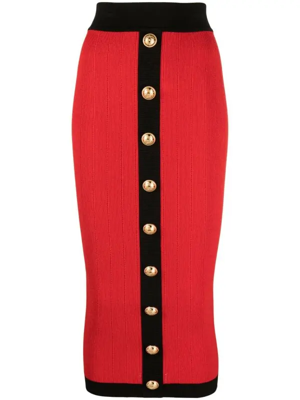 Balmain Buttoned Knit Midi Skirt - Red
