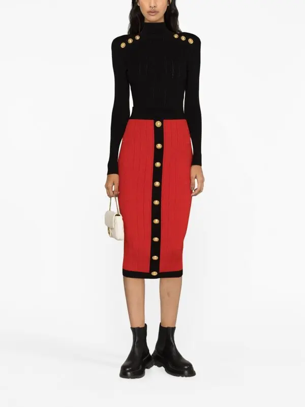 Balmain Buttoned Knit Midi Skirt - Red