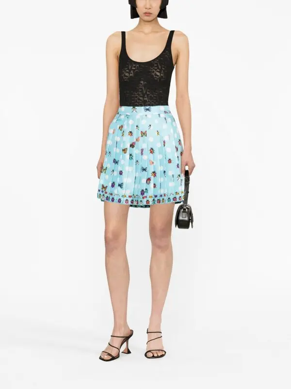 Versace Pleated Butterfly Print Silk Skirt