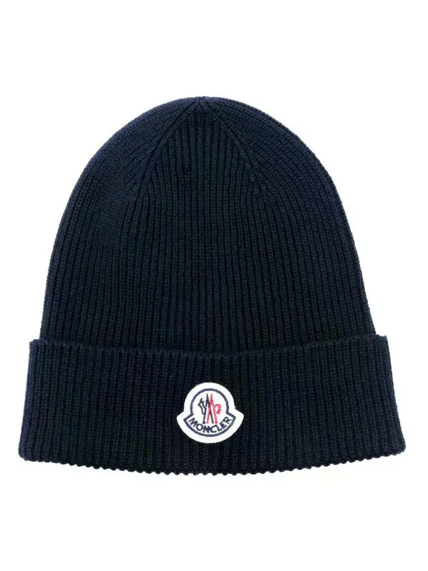 Moncler Ribbed Beanie Hat With Logo Patch - Blue