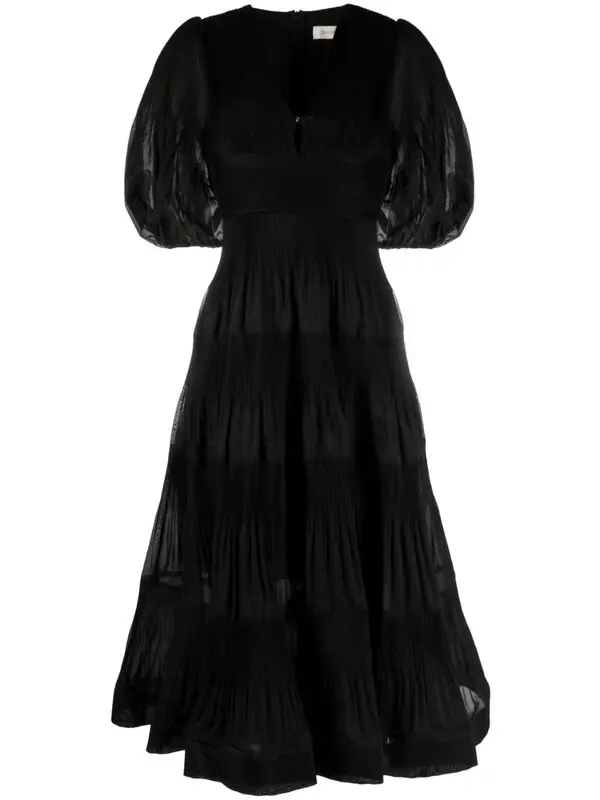 knee length dresses for ladies Zimmermann White Round Neck Tiered Midi Dress with Pleated Lace Trim S   Sellier