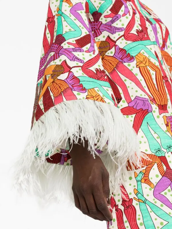 La DoubleJ Feather-trim Printed Cotton Dress - Neutrals