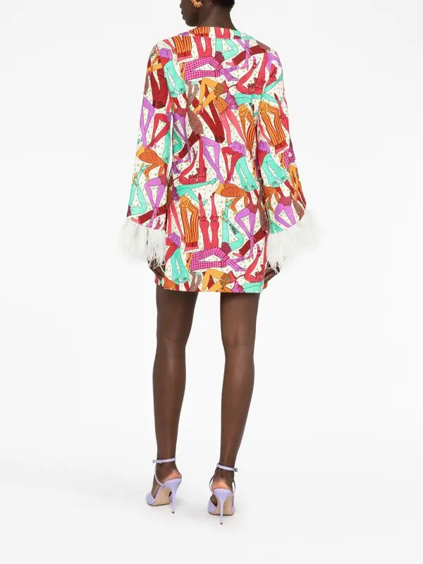 La DoubleJ Feather-trim Printed Cotton Dress - Neutrals