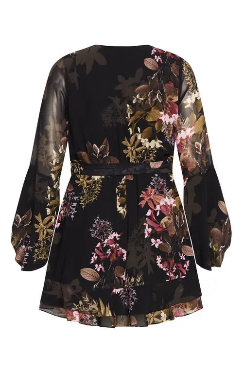 City Chic Floral Print Faux Wrap Dress With Bell Sleeves