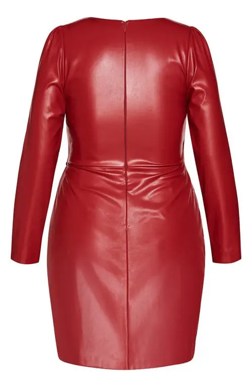 City Chic Cindy Long Sleeve Faux Leather Wrap Dress In True Reddnu - 55%  Off | Editorialist