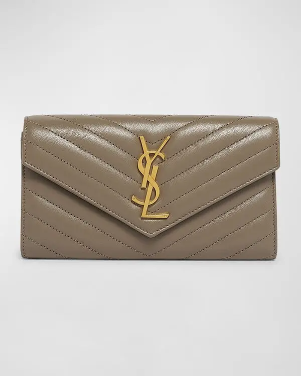 Saint Laurent Monogram Large Envelope Flap Wallet In Smooth Leather - Greyish Brown
