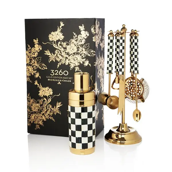 MACKENZIE-CHILDS Courtly Check Gold 6-piece Bar Tool Set And Stand - Multi
