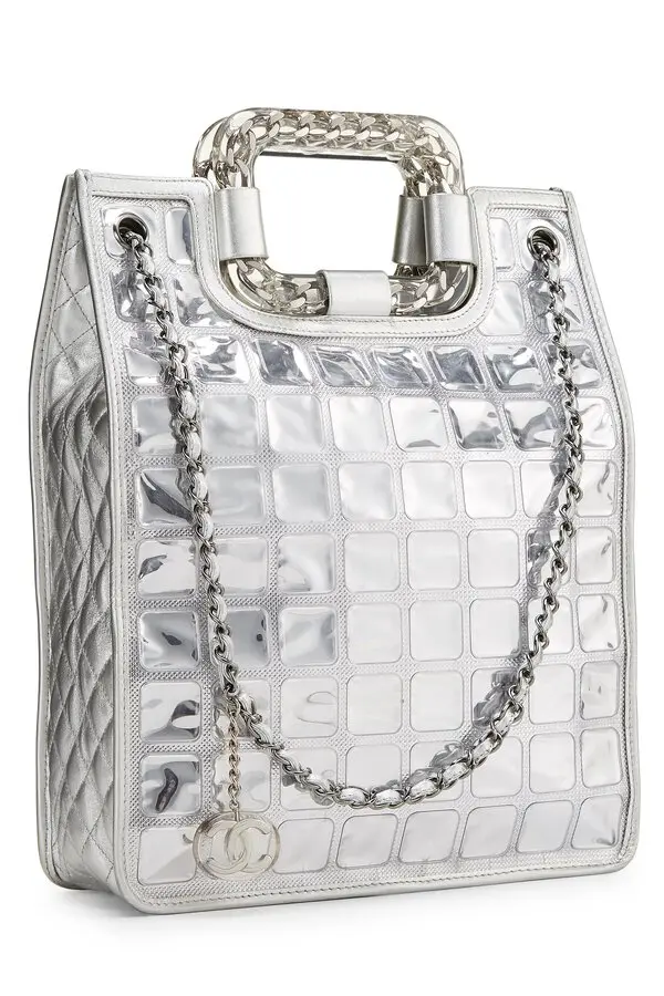 Chanel Metallic Quilted Leather Ice Cube Shopping Tote - Silver
