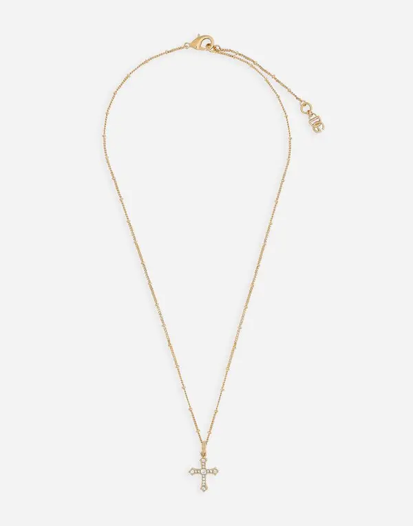 Dolce & Gabbana Rosary Necklace With Rhinestone-detailed Cross And Dg Logo - Gold