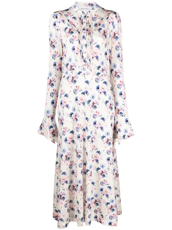 Rabanne Floral Print Plissé Midi Dress - White