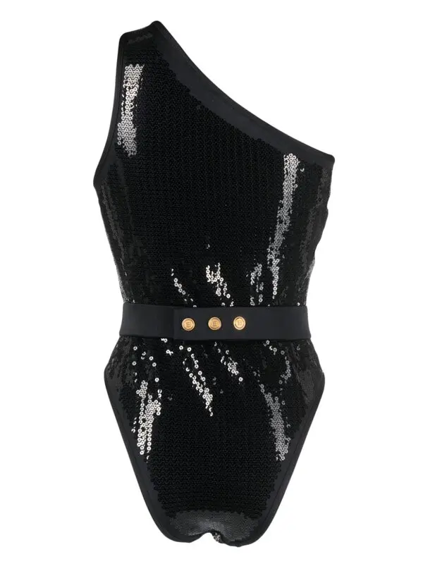 Balmain Sequined One-shoulder Swimsuit