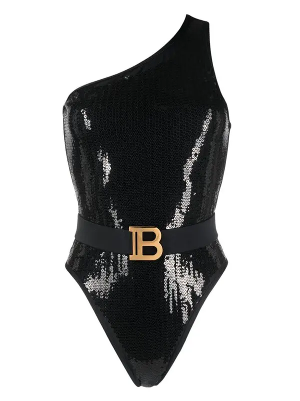 Balmain Sequined One-shoulder Swimsuit - Black