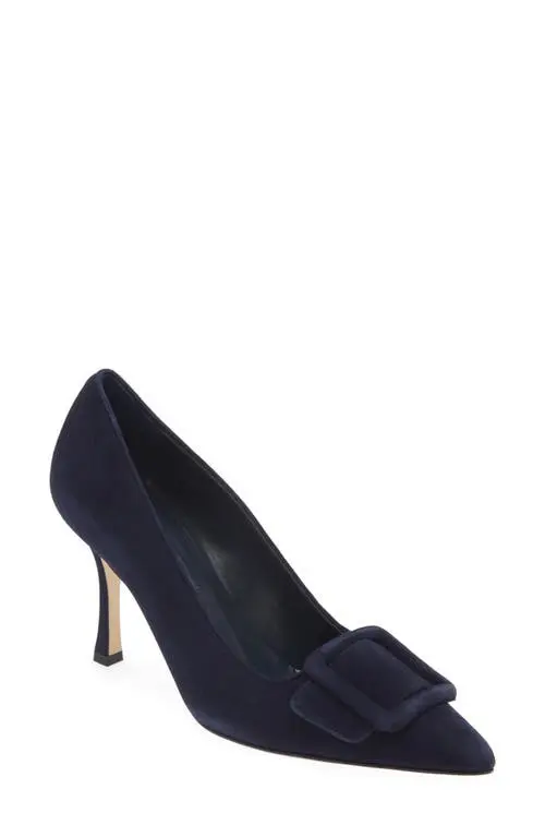 Manolo Blahnik Maysale Buckle Pointed Toe Pump - Navy
