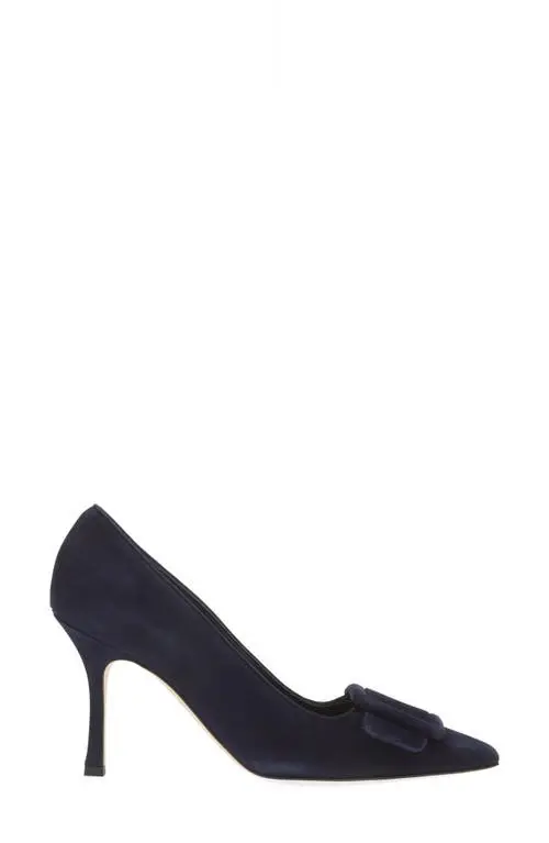 Manolo Blahnik Maysale Buckle Pointed Toe Pump - Navy