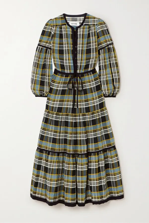Cefinn Katie Tiered Checked Organic Cotton-Blend Seersucker Midi Dress In  Blue - 60% Off | Editorialist