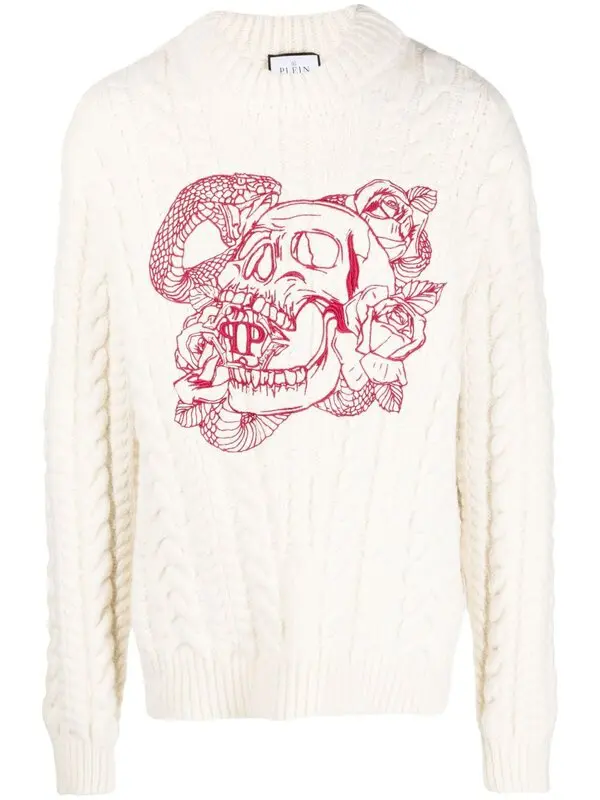 Philipp Plein Skull-embroidered Cable-knit Sweatshirt - White