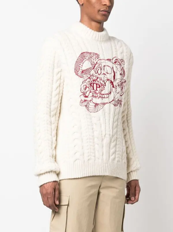 Philipp Plein Skull-embroidered Cable-knit Sweatshirt - White