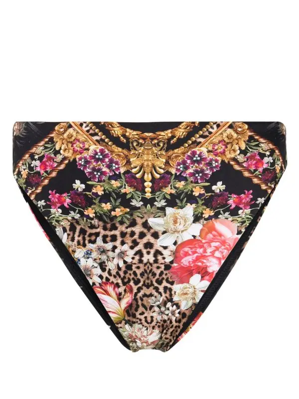 Camilla Floral-print High-waisted Bikini Bottoms - Black