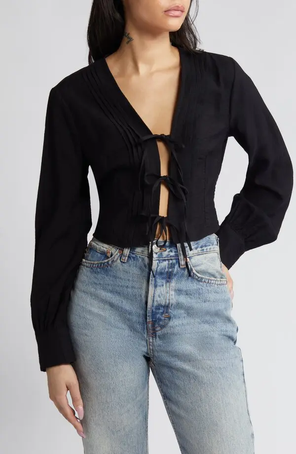 トップス pintuck cropped blouse Topshop Pintuck Tie Front Blouse In Black - 50% Off | Editorialist