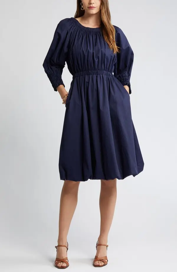 En Saison Brigitta Puff Sleeve A-Line Dress In Navy - 61% Off | Editorialist