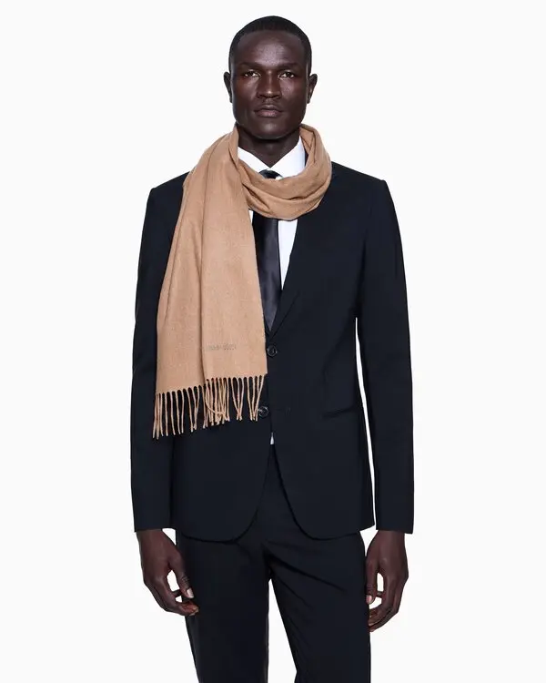 Giorgio Armani Cashmere Scarf With Embroidered Logo - Camel