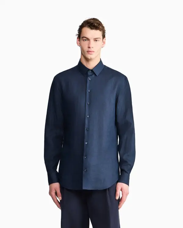 Giorgio Armani Regular-fit Shirt In Linen - Navy Blue