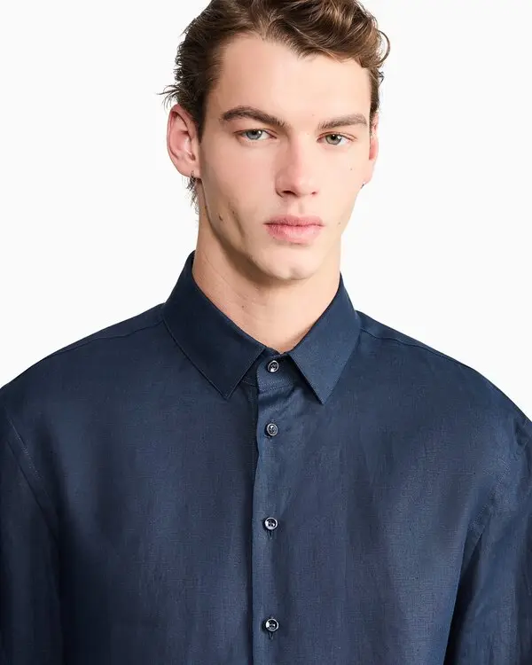 Giorgio Armani Regular-fit Shirt In Linen - Navy Blue