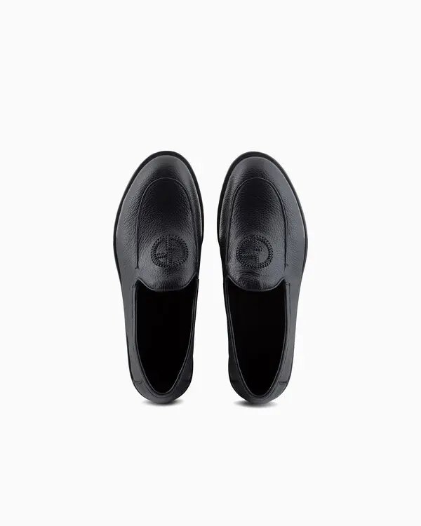 Giorgio Armani Deerskin Loafers With Embroidered Logo - Navy_blue