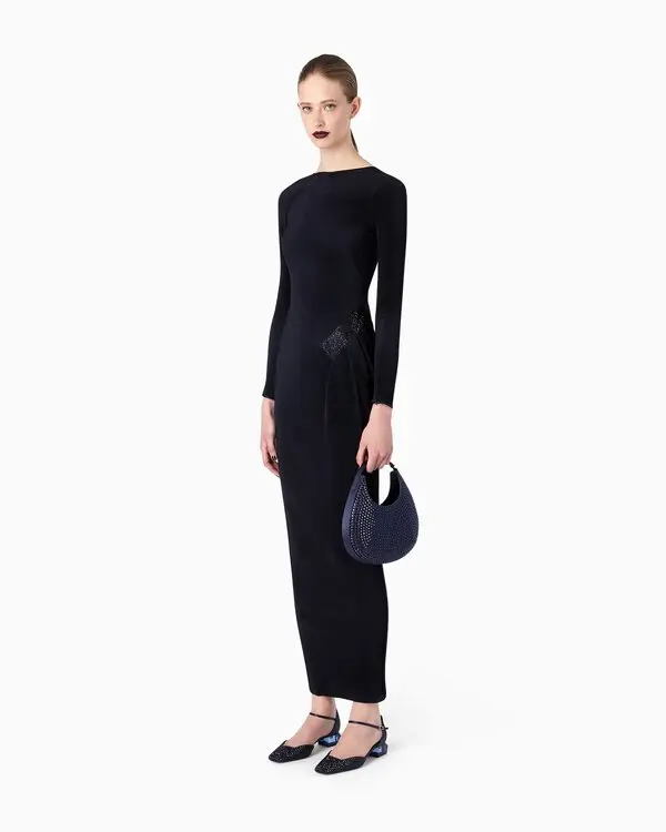 Giorgio Armani Long Dress In Pleated Stretch Jersey - Blue