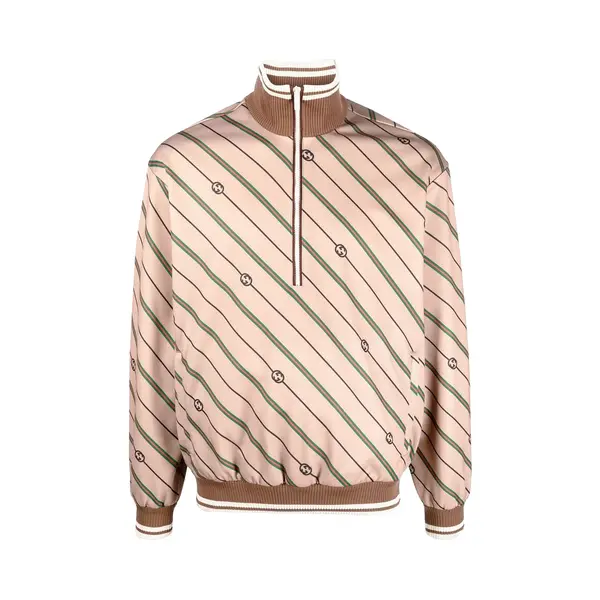 Gucci Twill Gg Stripe Knit Half Zip Jacket 'beige/brown - Tan