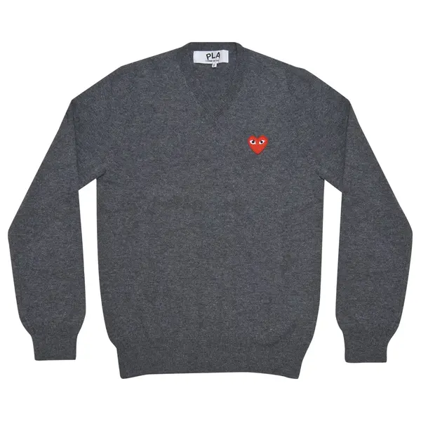 Play Comme Des Garcon Heart Patch V-neck Sweater - Grey