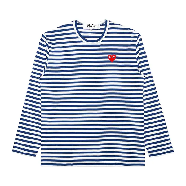 Play Comme Des Garcon Striped Big Heart Long-sleeve T-shirt /white - Blue