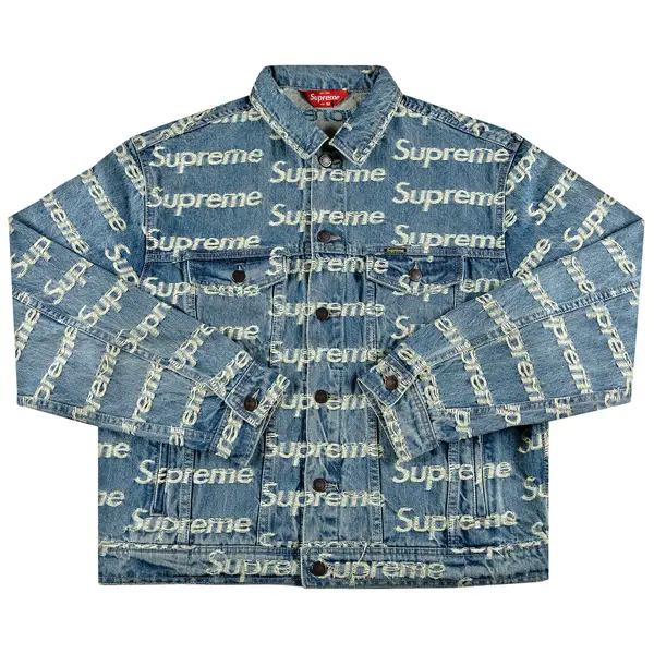 【S】 Jacquard Logos Denim Trucker Jacket Supreme Jacquard Logos Denim Trucker Jacket Black Men's - FW25 - US