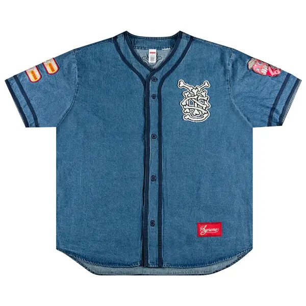 Supreme Patches Denim Baseball Jersey - Blue