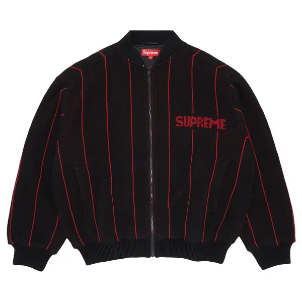 Supreme Pinstripe Varsity Zip Up Sweater - Black