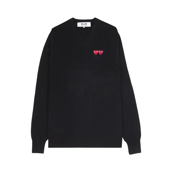 Play Comme Des Garcon Double Heart V-neck Sweater - Black
