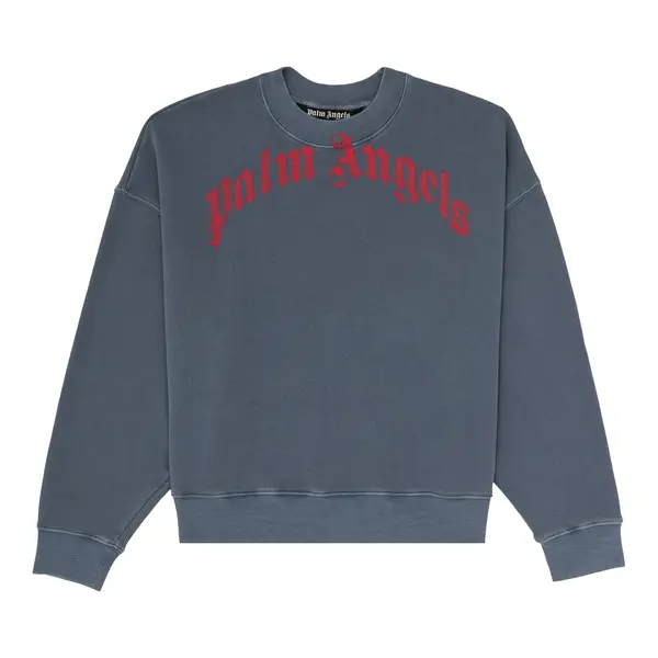 Palm Angels Vintage Wash Curved Logo Crew - Blue