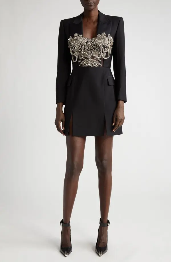 Alexander Mcqueen Jeweled Corset Wool Tuxedo Minidress In Black - 80% Off |  Editorialist