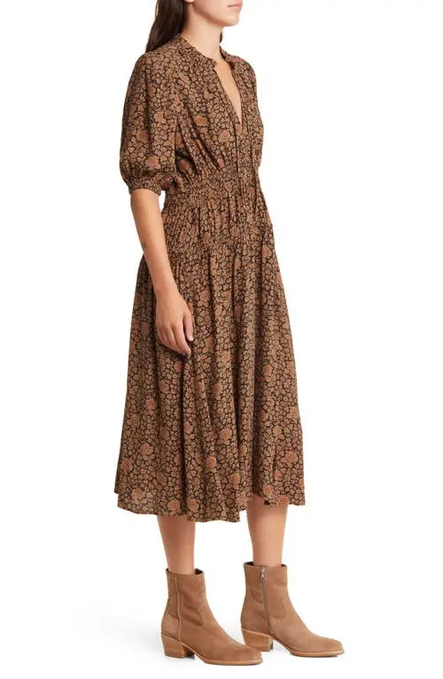 Treasure & Bond Split Neck Smock Waist Midi Dress