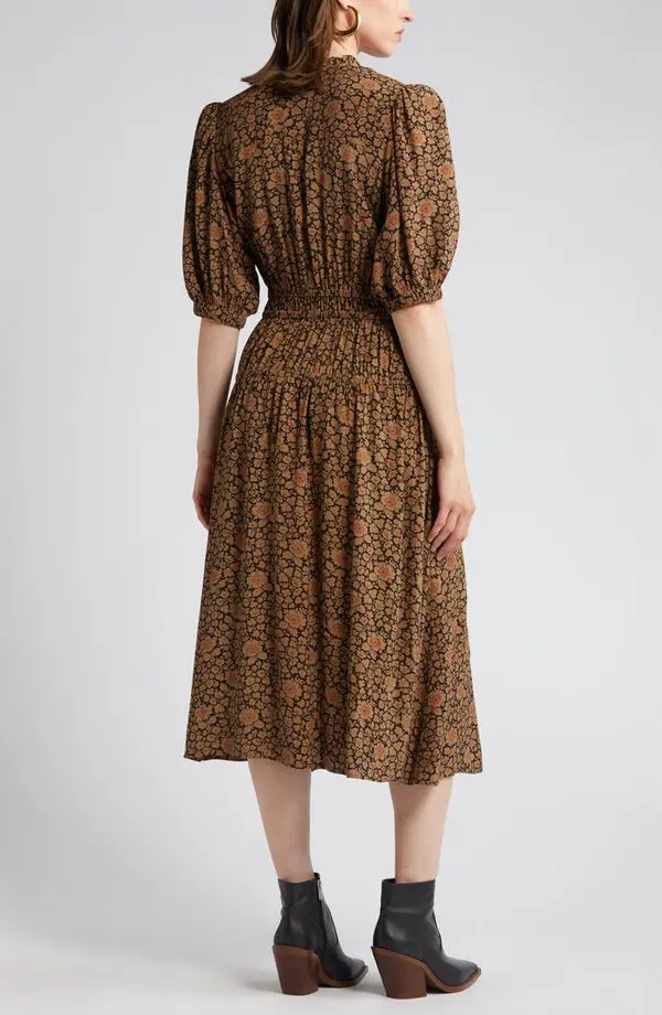 Treasure & Bond Split Neck Smock Waist Midi Dress