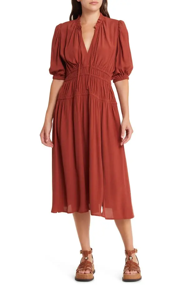 Treasure & Bond Split Neck Smock Waist Midi Dress