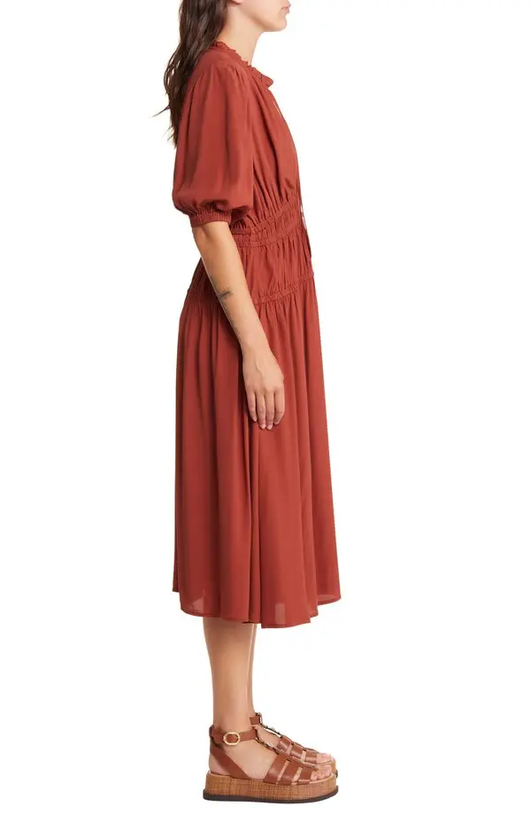 Treasure & Bond Split Neck Smock Waist Midi Dress