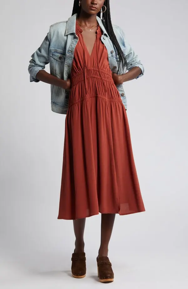 Treasure & Bond Split Neck Smock Waist Midi Dress