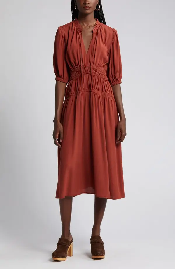 Treasure & Bond Split Neck Smock Waist Midi Dress